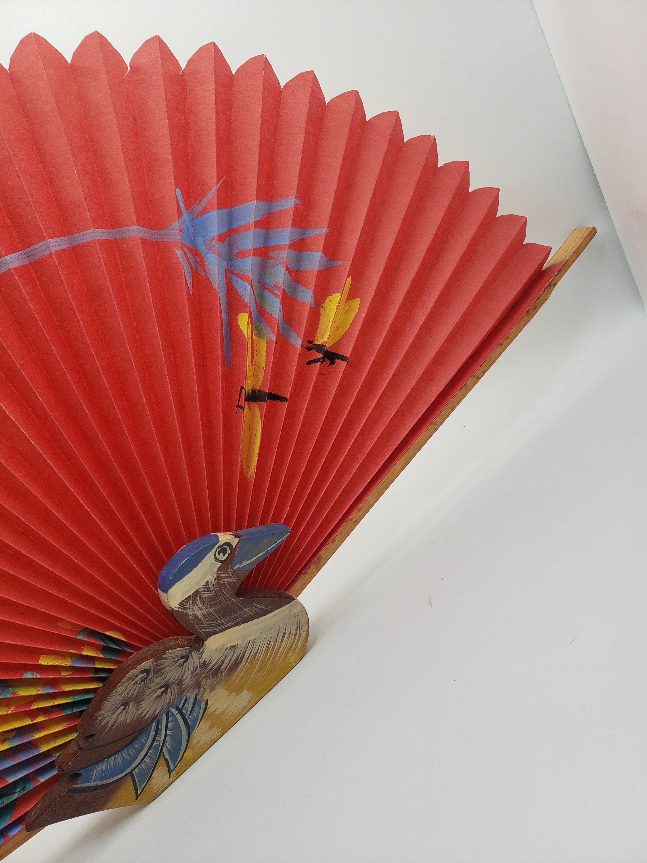 Antique Chinese Paper Hand Fan Handpainted Wood Duck 26" Wide Set of 2 ...
