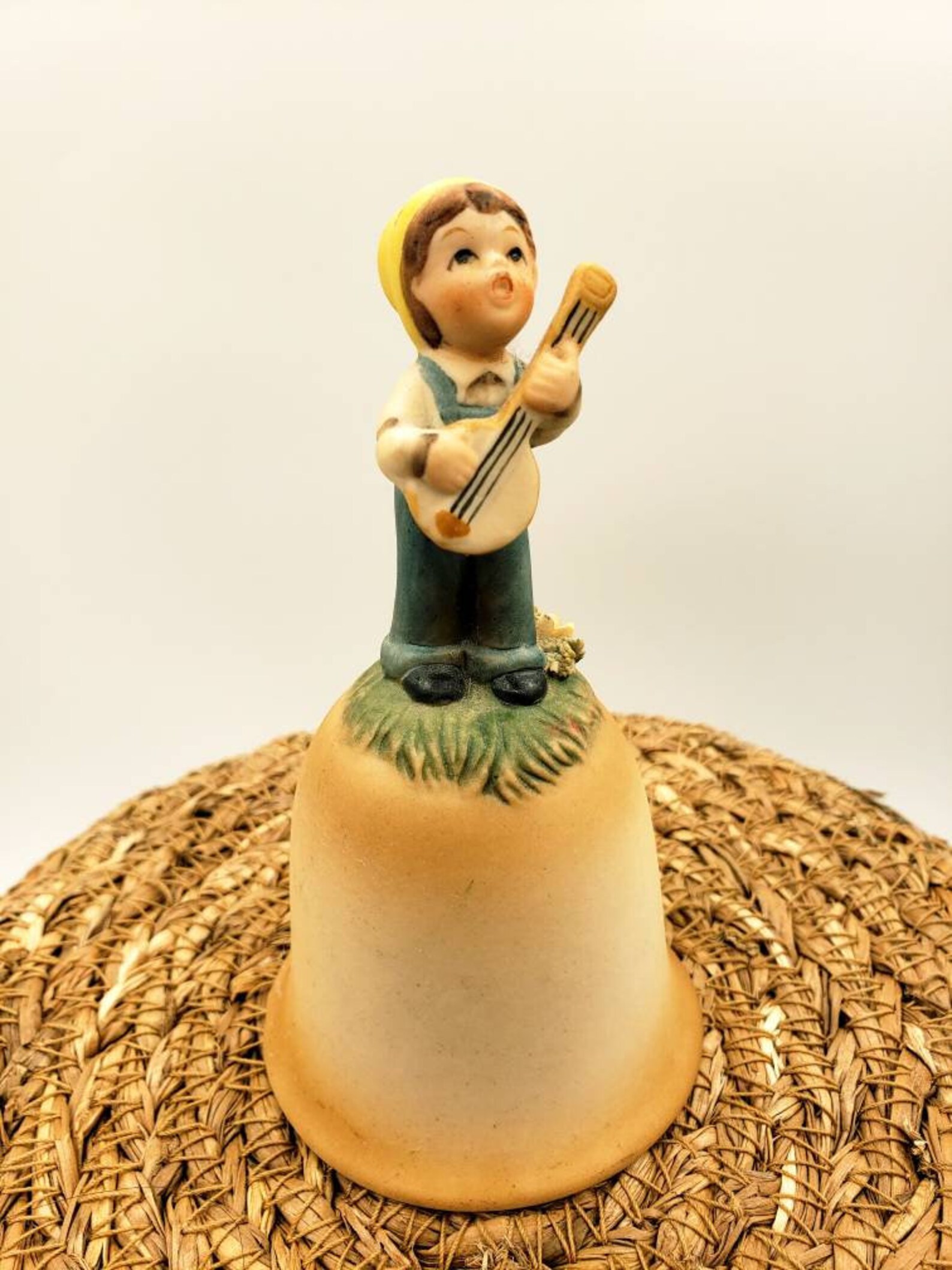 Vintage Porcelain Bell Country Boy Playing Banjo Bib Overalls Hand ...