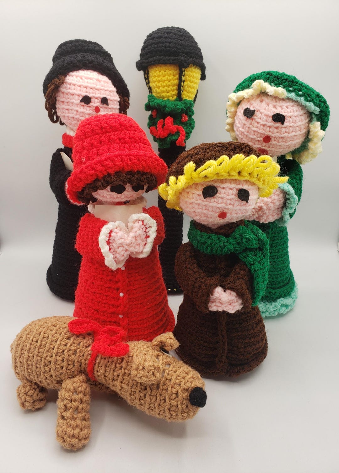 Vintage Crochet Christmas Caroler Figures Lamp Post Dog 6 Pcs Handmade ...