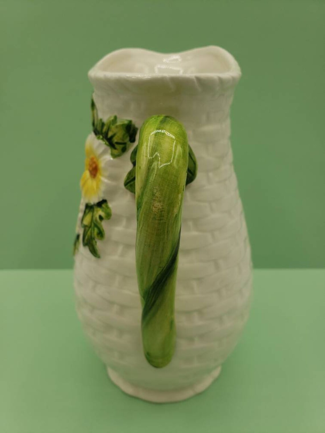 Lefton Japan Ceramic Pitcher Rustic Daisy Flower Basket Weave #4126 ...