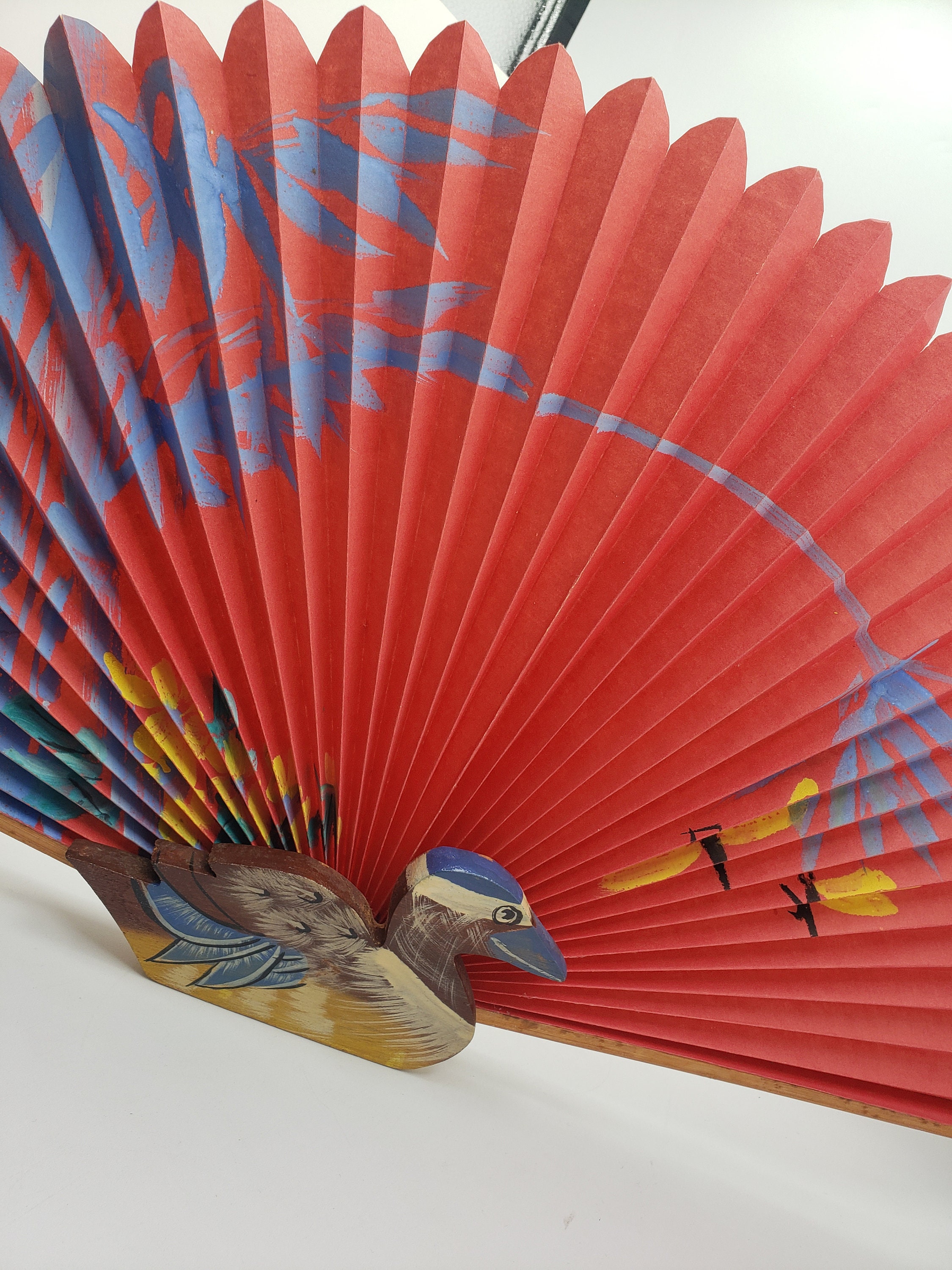 Antique Chinese Paper Hand Fan Handpainted Wood Duck 26" Wide Set of 2 ...