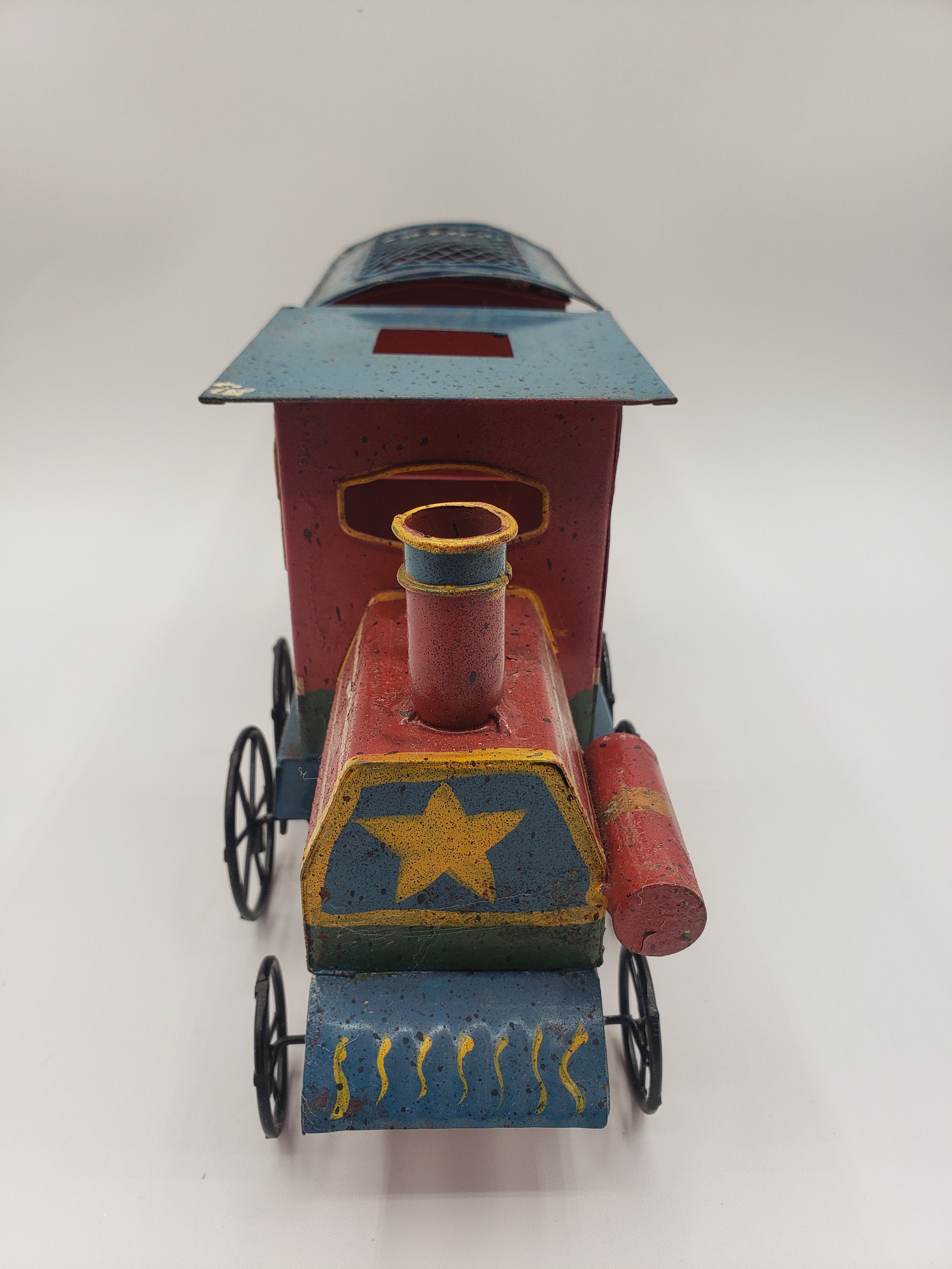 Vintage Christmas Tin Train Engine Metal Candle Holder Locomotive ...