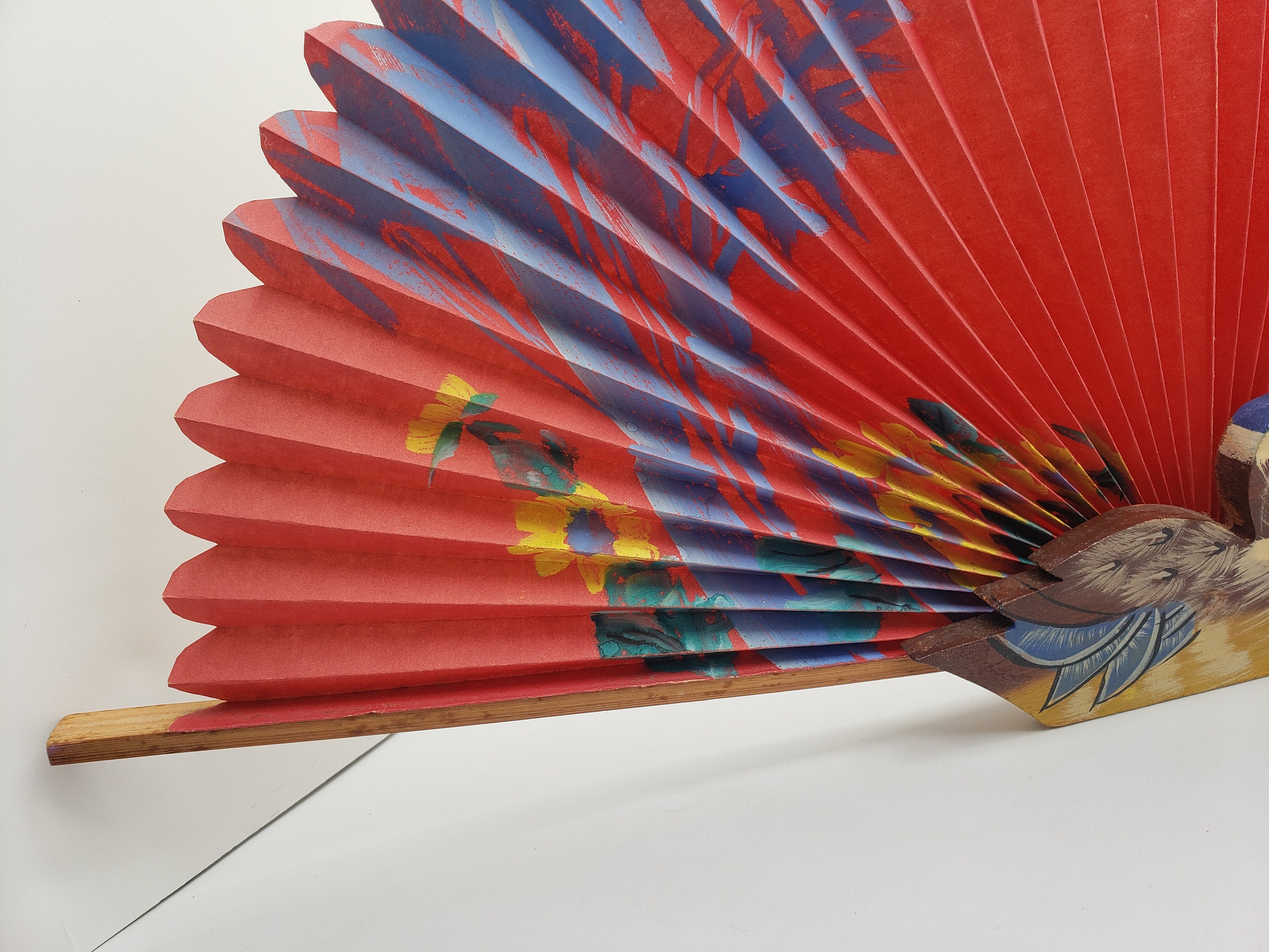 Antique Chinese Paper Hand Fan Handpainted Wood Duck 26" Wide Set of 2 ...