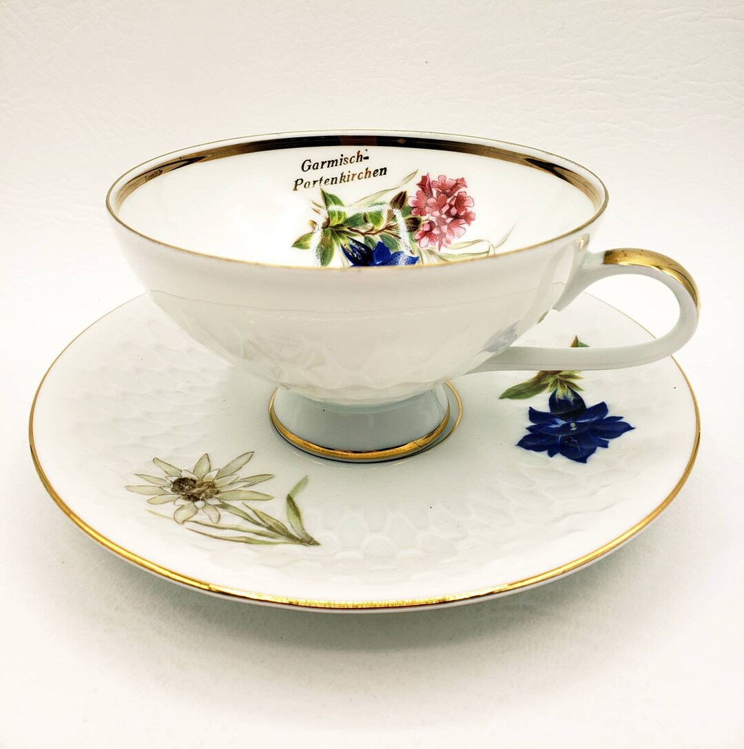 Bavaria Tea Cup & Saucer Germany Garmisch Partenkirchen Flowers Gold ...