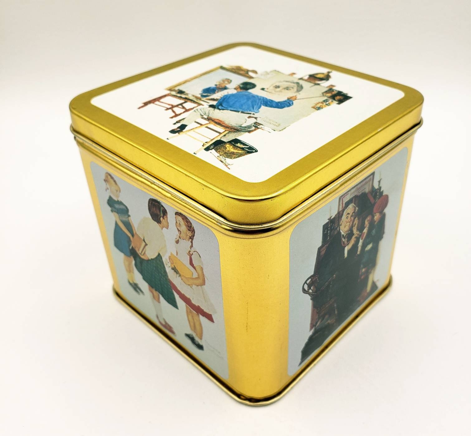 Norman Rockwell 1994 Empty Gold Tin Cube Made in England for - Etsy