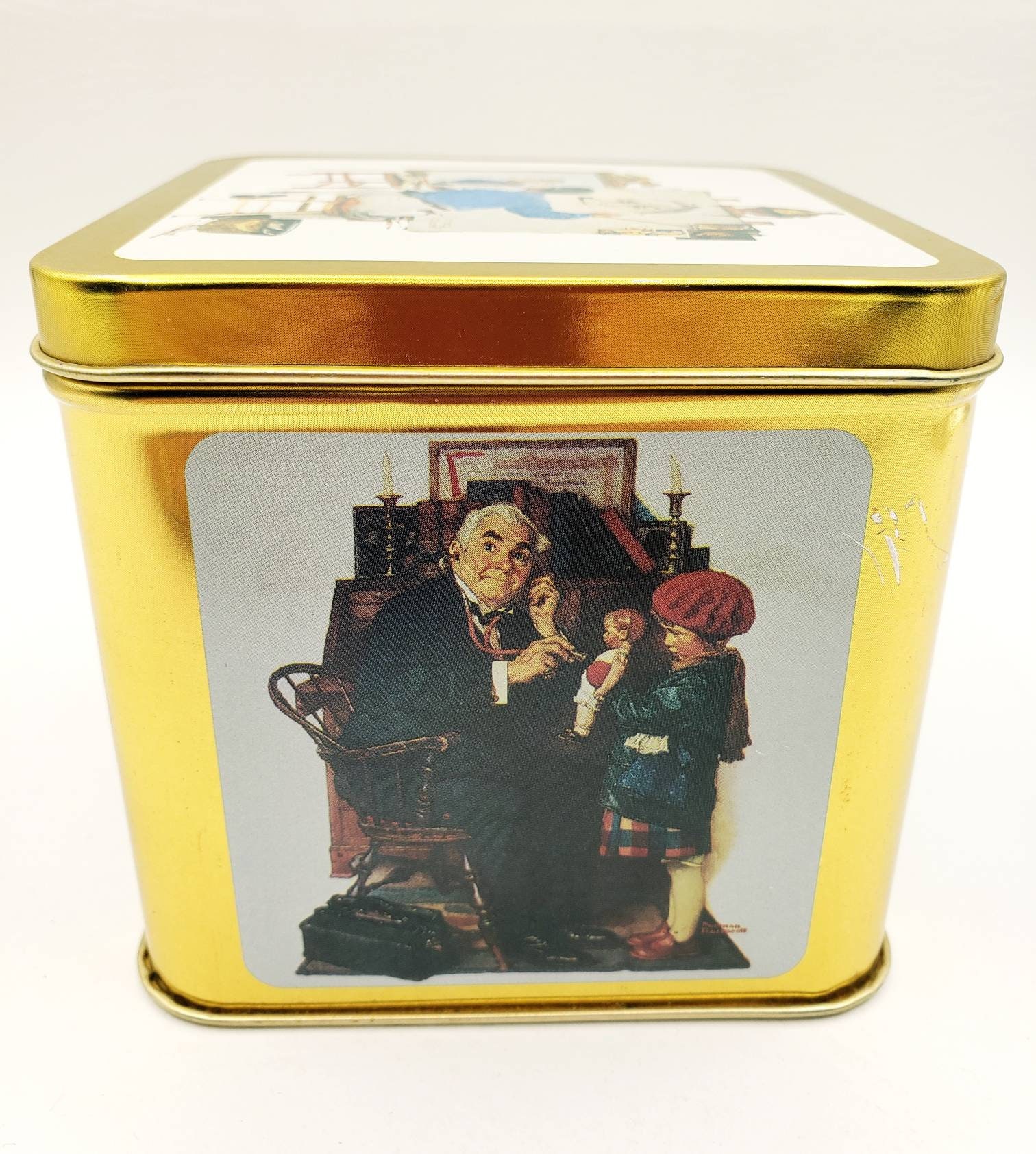 Norman Rockwell 1994 Empty Gold Tin Cube Made in England for Case ...