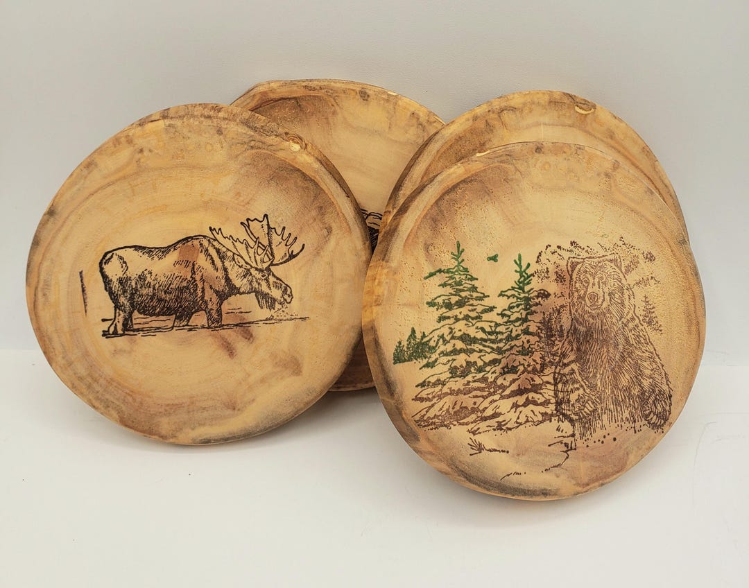 Vintage Wood Slab Drink Coasters Bear & Moose Burned Etched Rustic ...