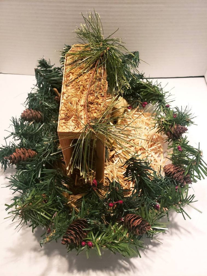 Vintage Nativity Christmas Display Handmade Evergreen Decor Jesus ...