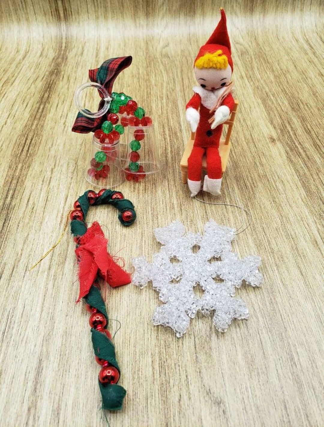 Vintage Christmas Ornaments (4) Handmade Elf, Bells, Candy Cane ...