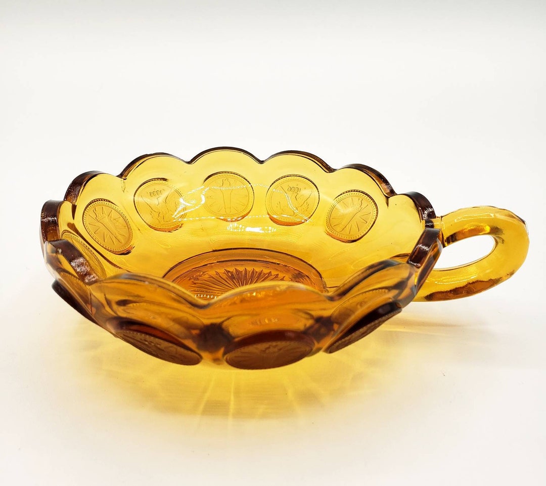 Fostoria Amber Coin Dot Glass Nappy Handled Dish Bowl Eagle Torch ...