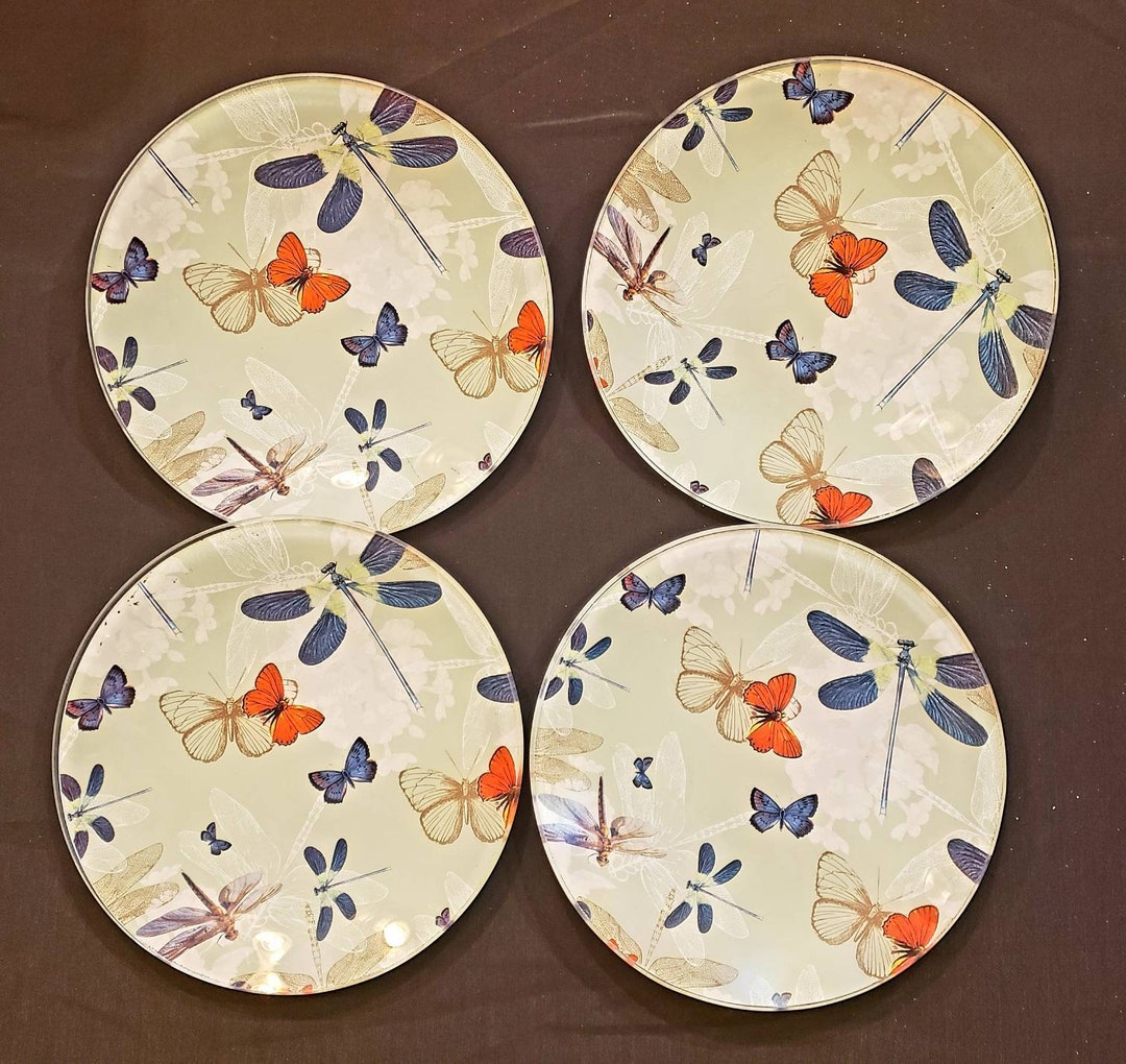 Dragonflies & Butterflies Plates Dessert Appetizer Set of 4 Sage Green ...