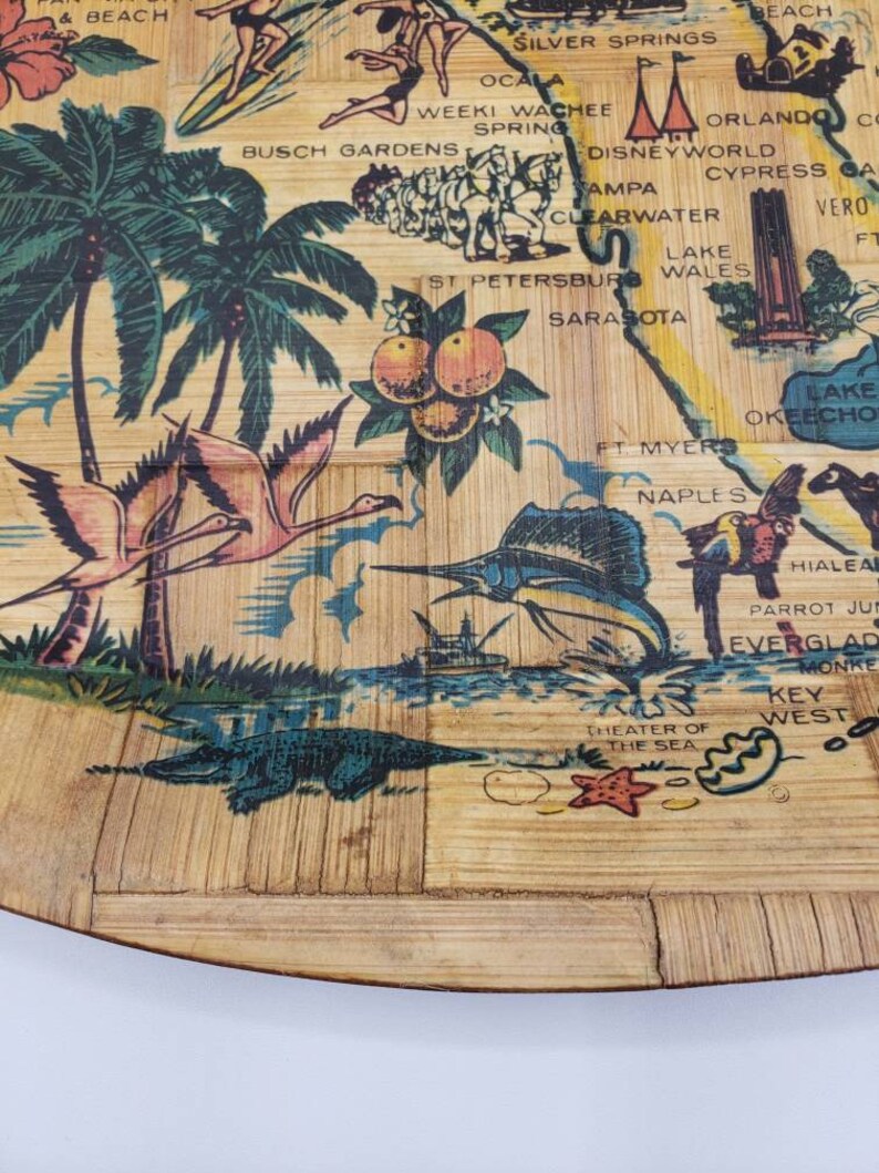 Vintage MCM Florida State Map Bamboo Serving Tray Platter Souvenir ...