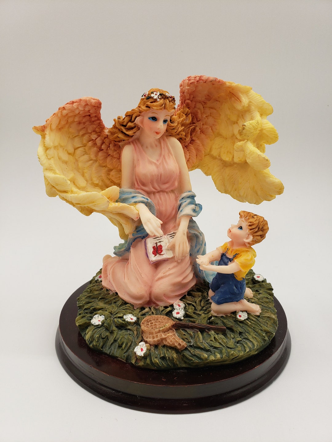 Colorful Kneeling Angel With Boy Child Figurine on Wood Base Resin ...