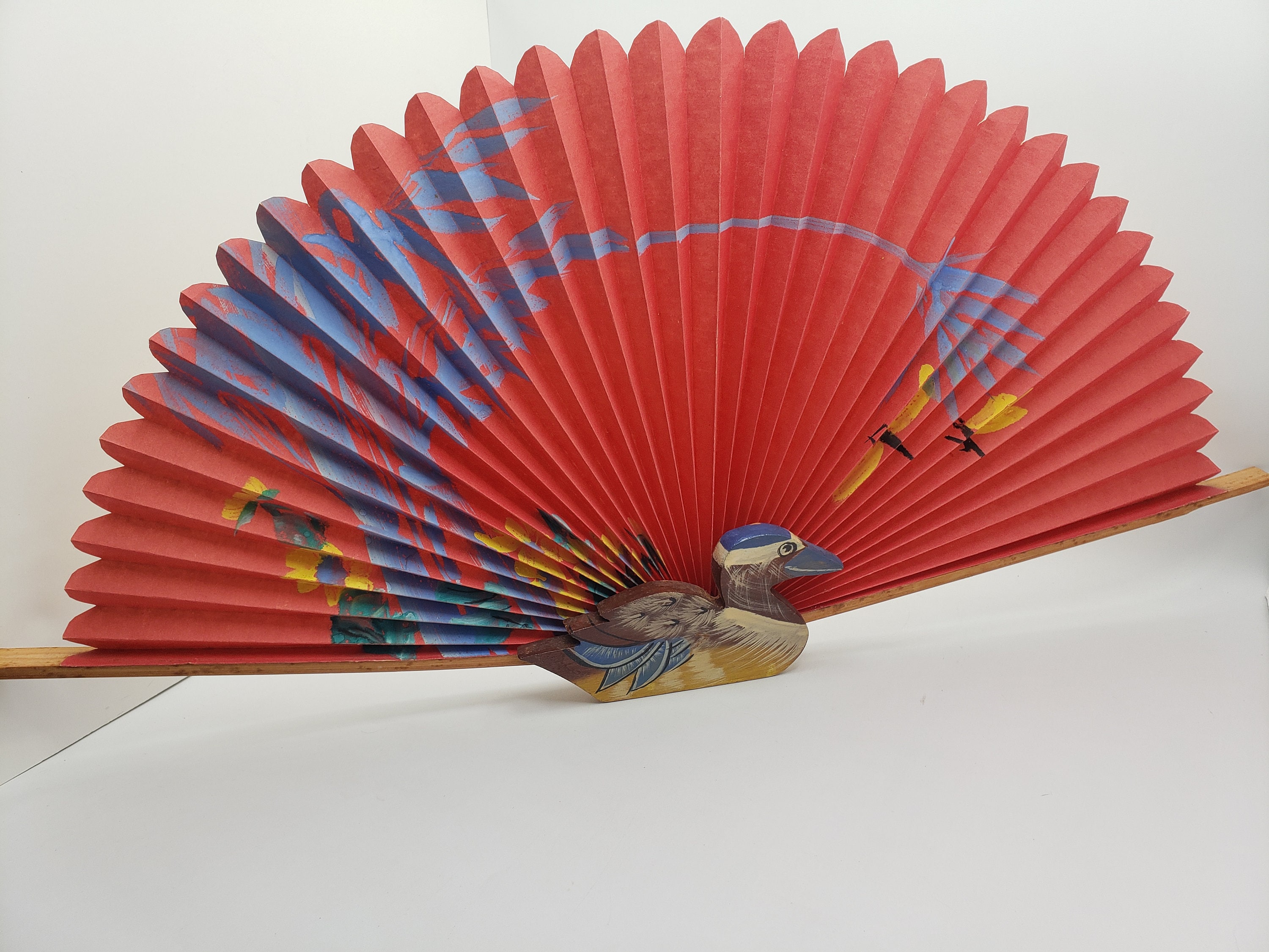 Antique Chinese Paper Hand Fan Handpainted Wood Duck 26" Wide Set of 2 ...