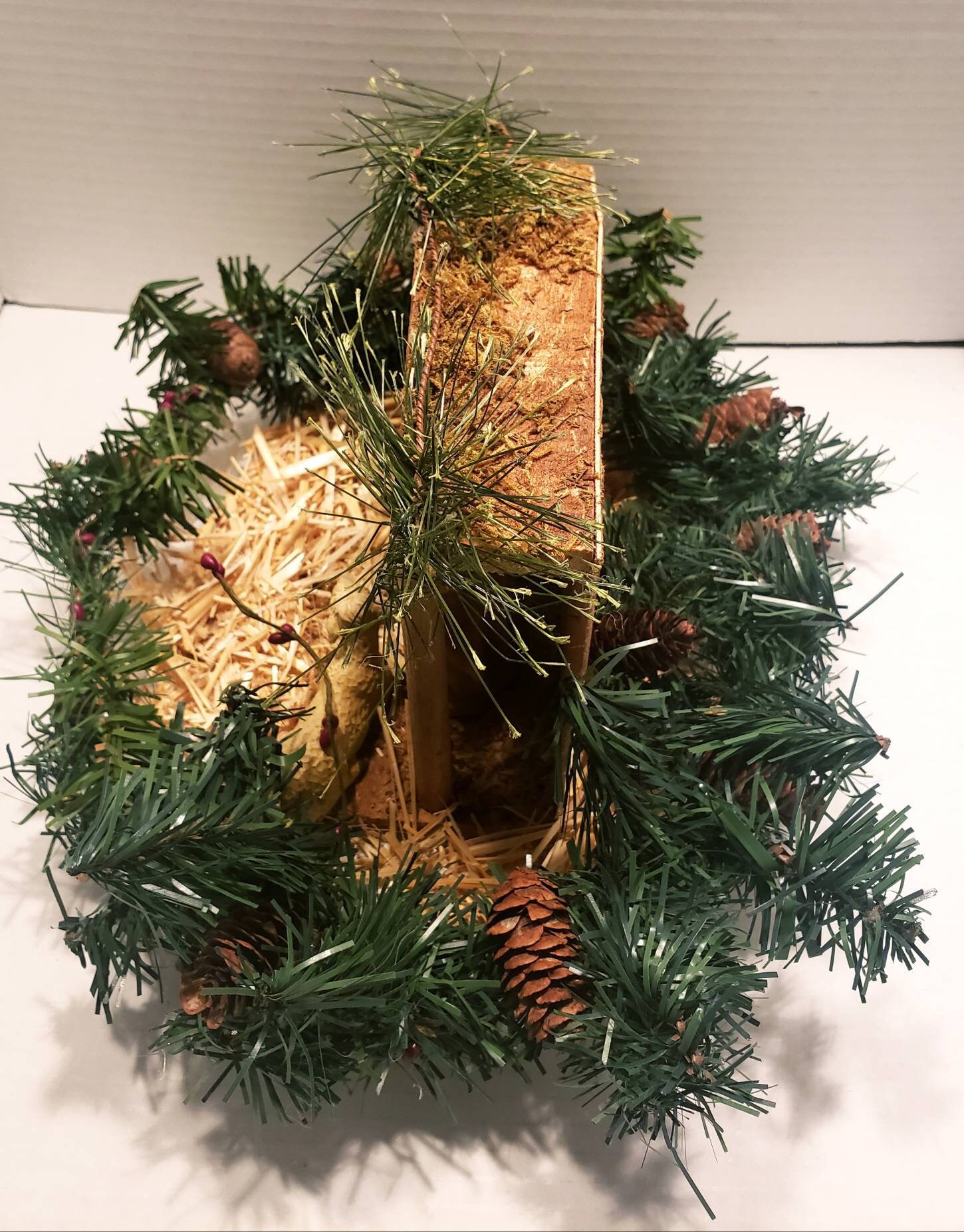 Vintage Nativity Christmas Display Handmade Evergreen Decor Jesus ...