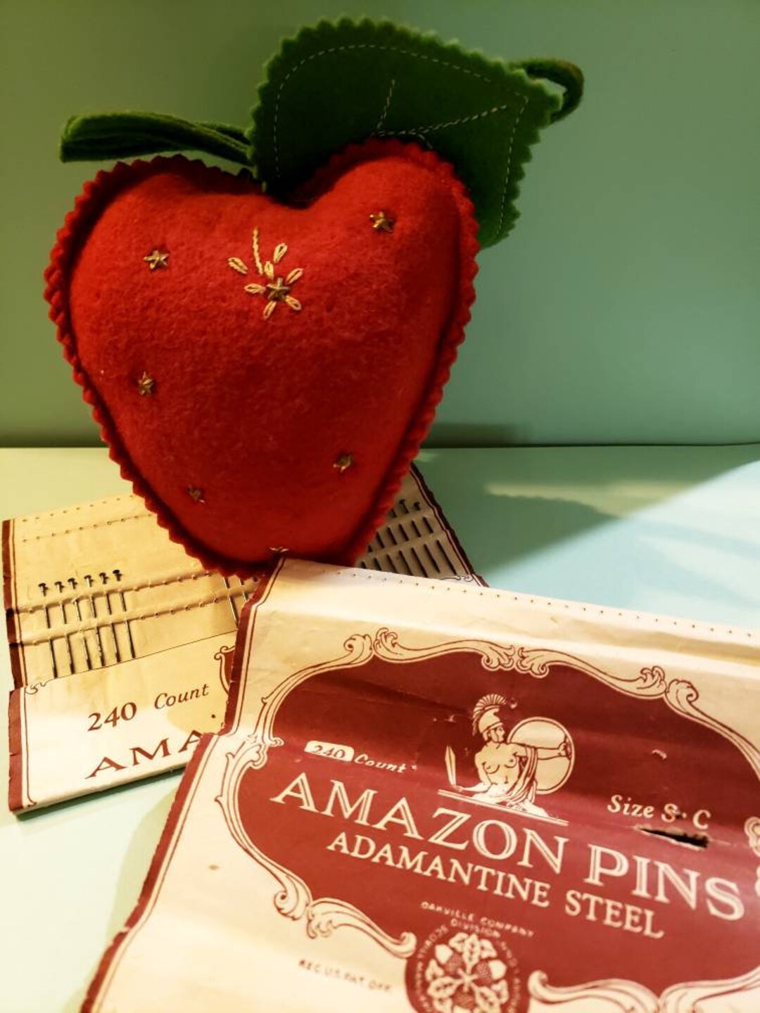 Vintage Hand Sewn Large Felt Apple Pin Cushion & 2 Pkg Amazon Steel ...