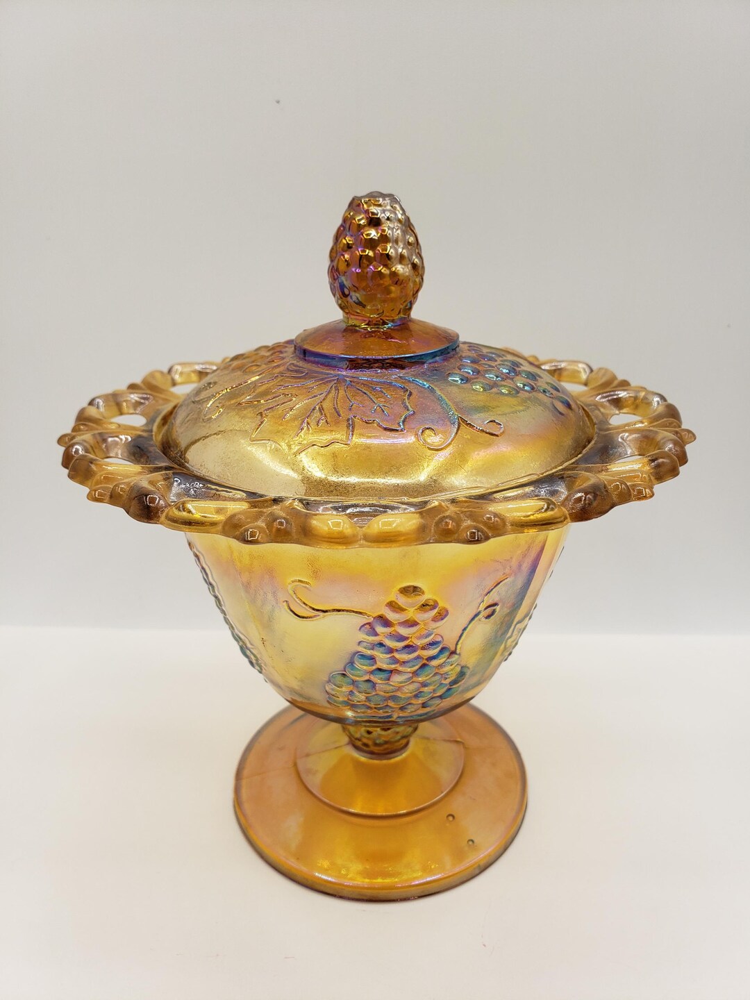 Indiana Glass Marigold Candy Dish Amber Harvest Grape Lidded Compote ...