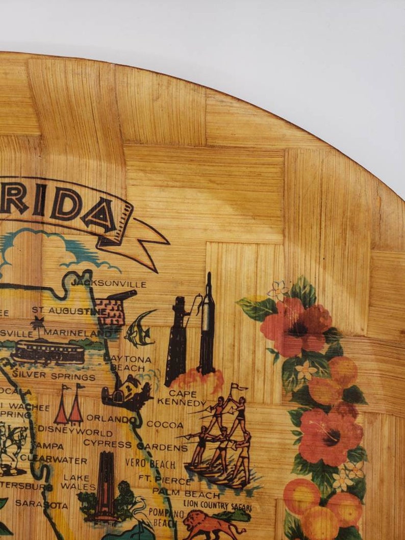 Vintage MCM Florida State Map Bamboo Serving Tray Platter Souvenir ...
