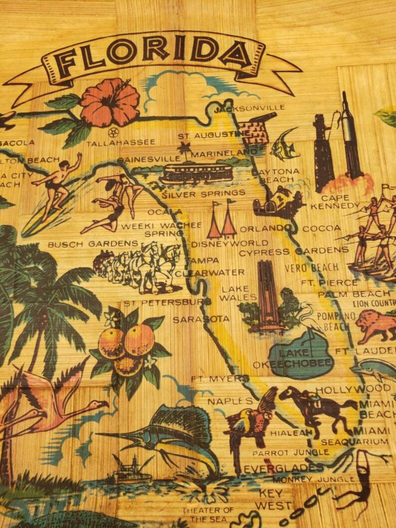 Vintage MCM Florida State Map Bamboo Serving Tray Platter Souvenir ...