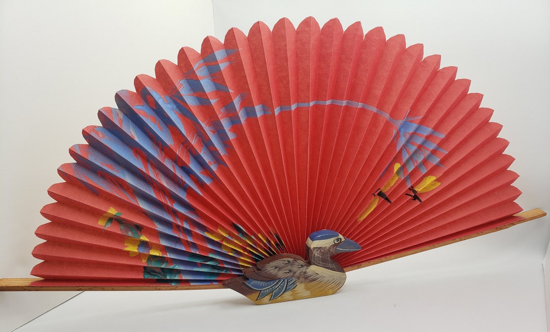 Antique Chinese Paper Hand Fan Handpainted Wood Duck 26" Wide Set of 2 ...
