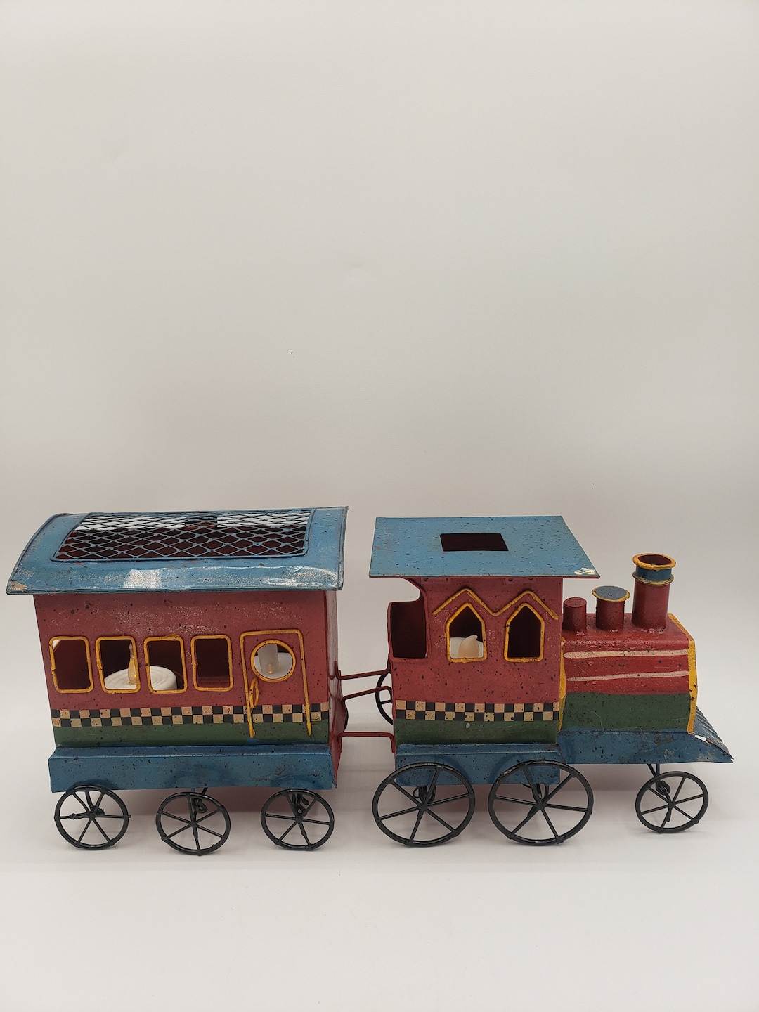 Vintage Christmas Tin Train Engine Metal Candle Holder Locomotive ...