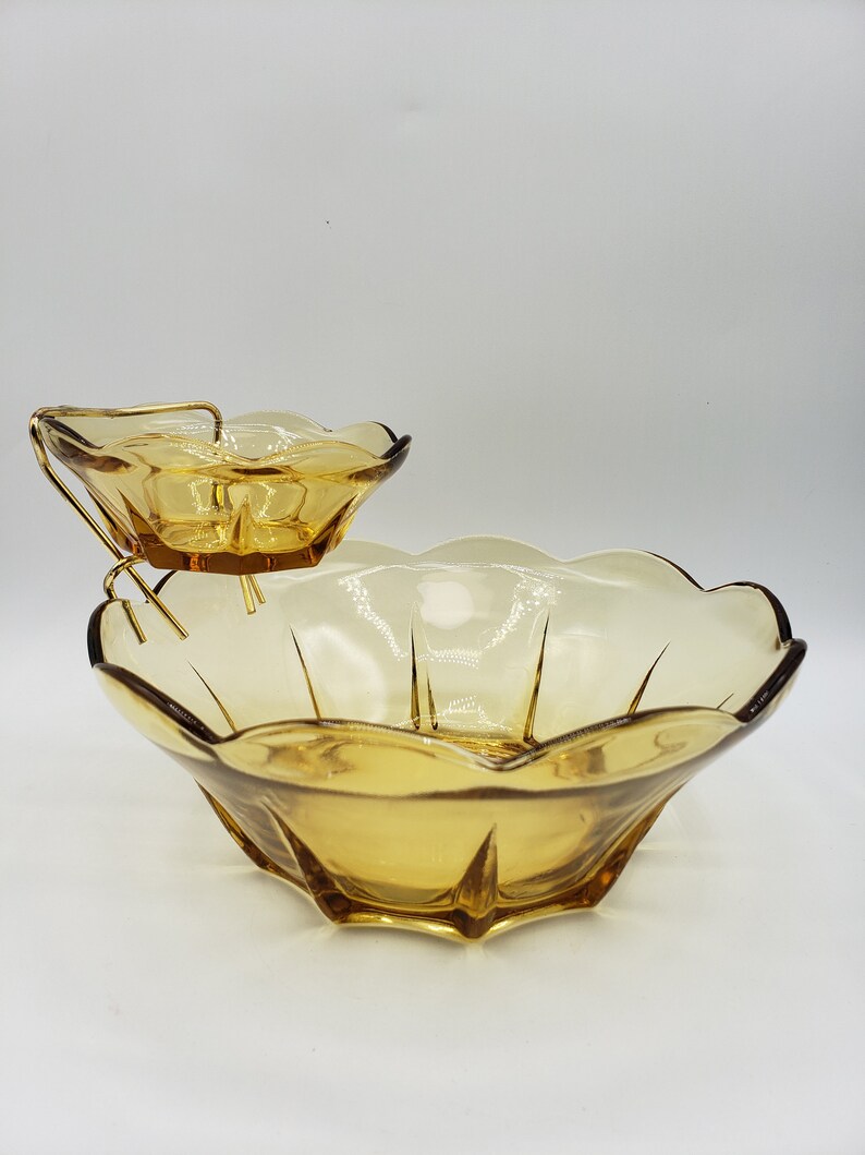 Anchor Hocking Honey Gold Chip And Dip Bowl Set Swedish Modern 3 Pc Amber