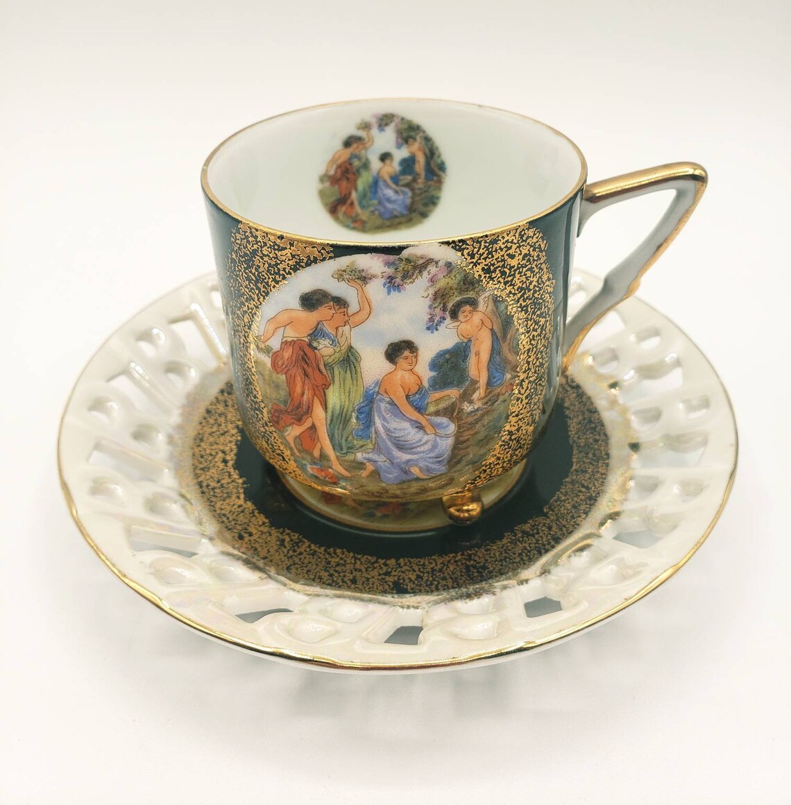 Royal Halsey Footed Tea Cup Saucer Grecian Roman Figures Iridescent ...