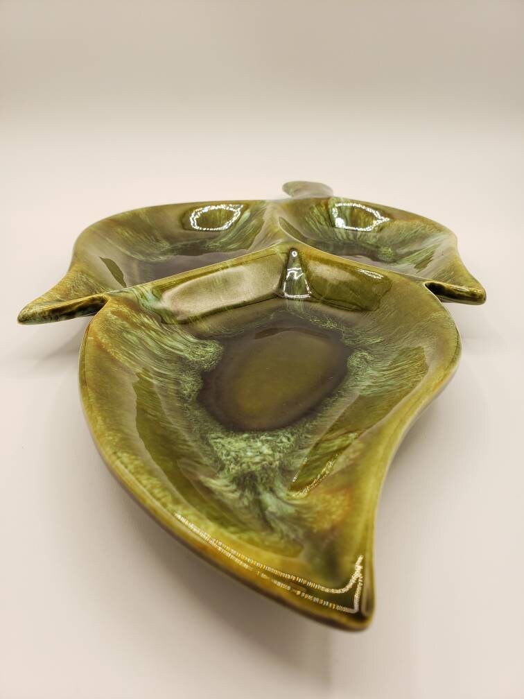 1960's Wade of California Pottery Avocado Green Leaf Dish Drip Glaze 2 ...