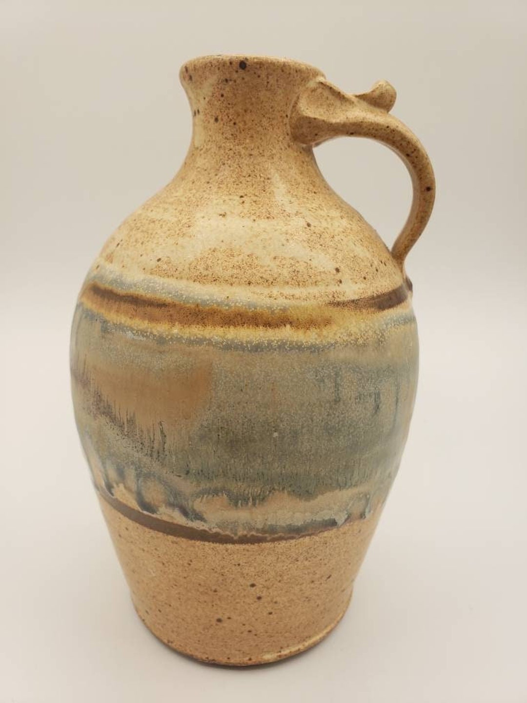 Open Jug Glazed Pottery Stoneware W Handle Blue & Sand Drip by - Etsy