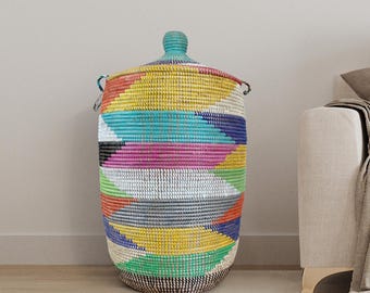 African Extra-large Woven Basket With Lid, Senegal Laundry Basket ...