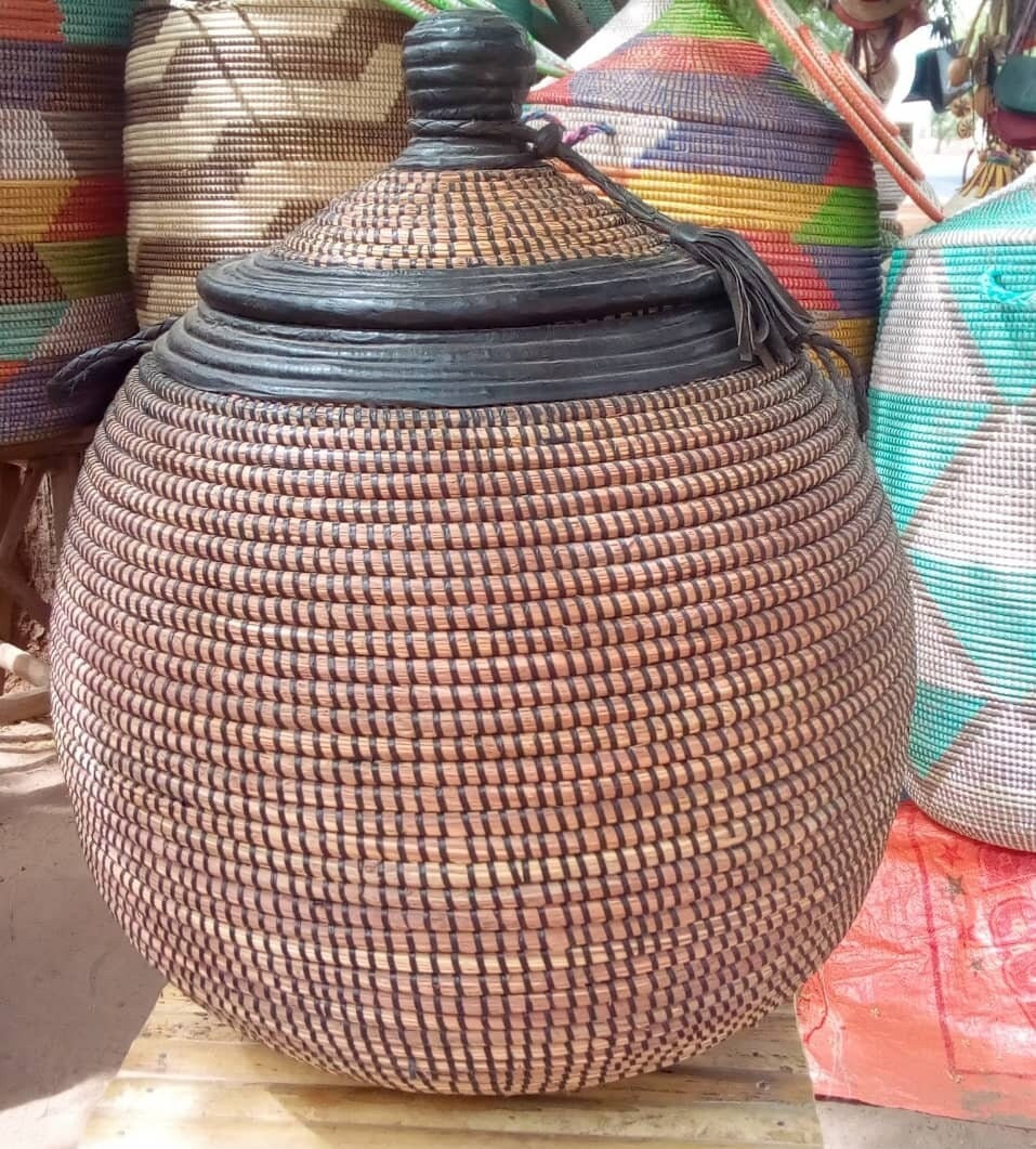 African Woven Decorative Storage Basket With Leather Trim - Etsy