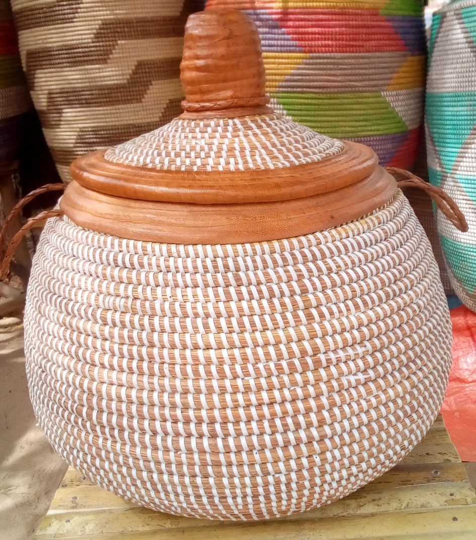 African Woven Decorative Storage Basket With Leather Trim - Etsy