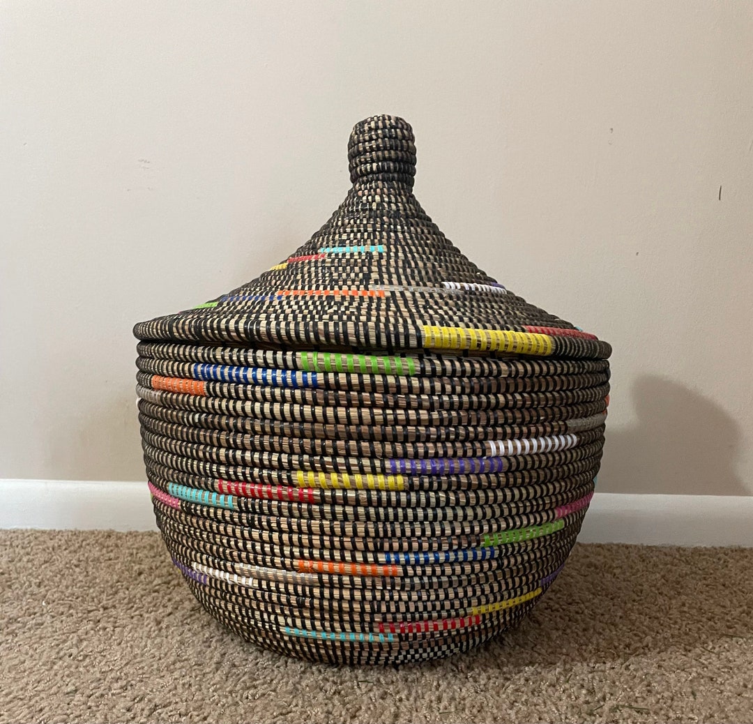 African Woven Decorative Storage Basket, Senegal Lidded Basket, Natural ...