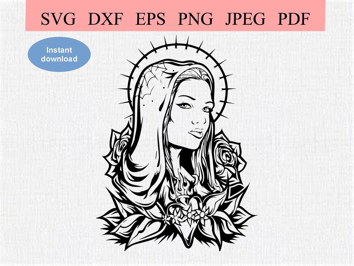 Young Virgin Mary Face / SVG DXF EPS / Catholic Madonna Head With Halo ...