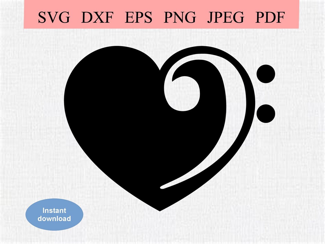 Musical Bass Clef Heart / SVG DXF EPS / Bass Clef Heart Music Symbol ...