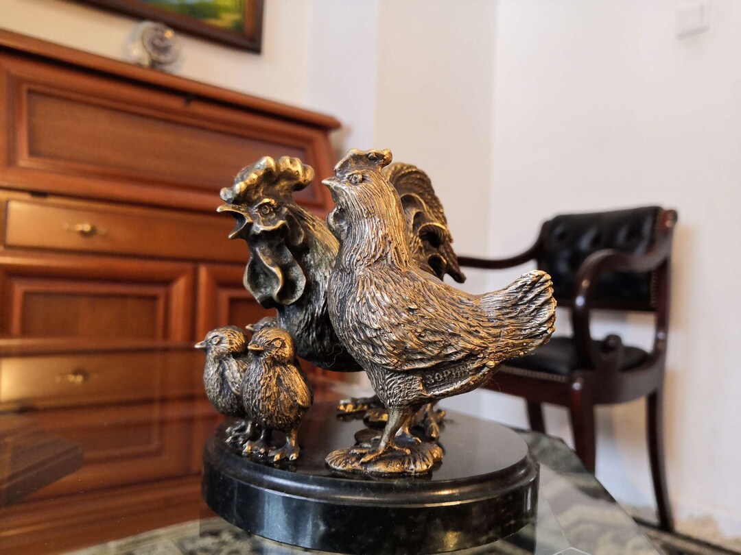 Chicken Family Bronze Figure Sculpture Gemstone Statuette Handmade ...