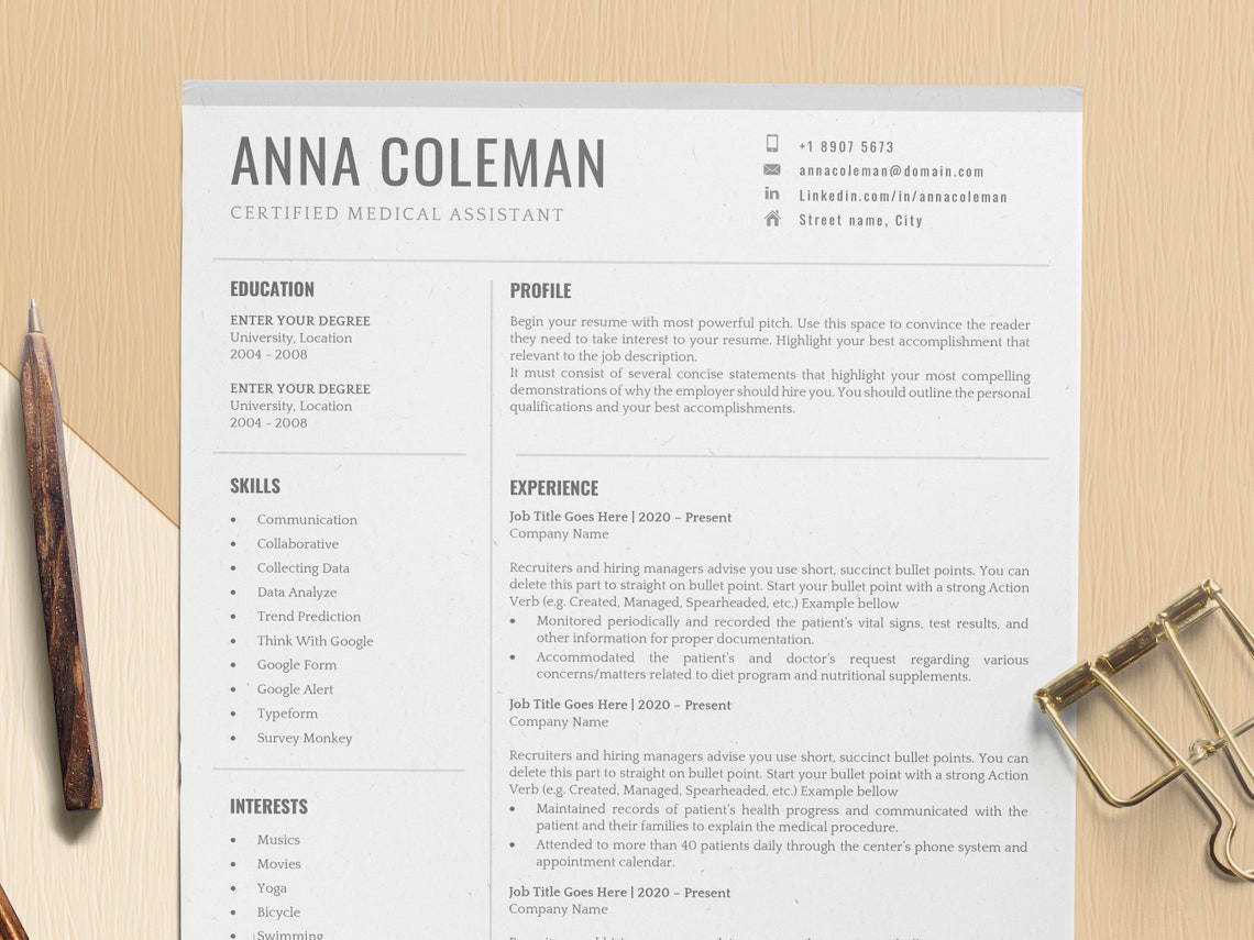 Medical Resume Template Word Cover Letter Free Icons Free Fonts CV ...