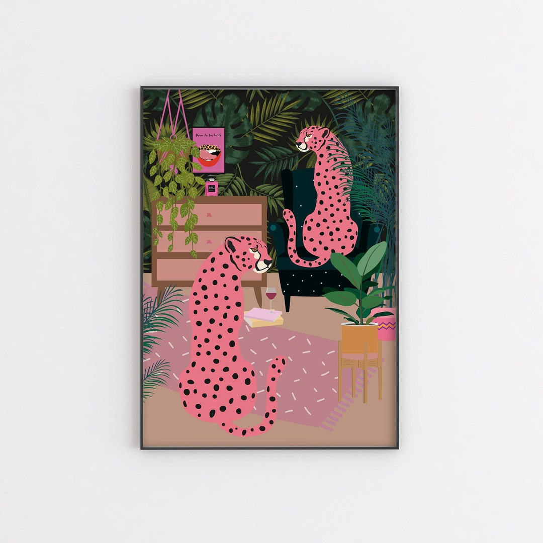 Cheetah Wall Art, Botanical Cheetah Boho Print , Pink Animal Print ...