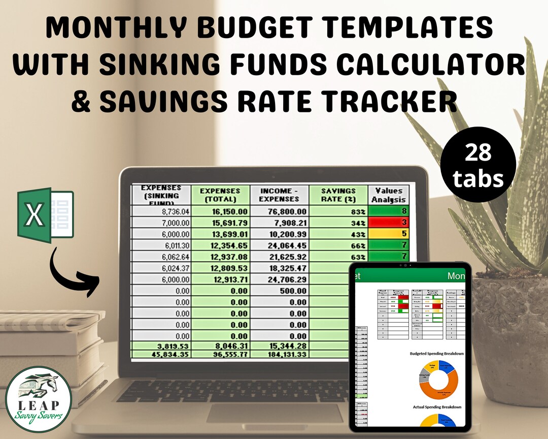 Monthly Budget Templates With Sinking Funds Calculator & Savings Rate ...