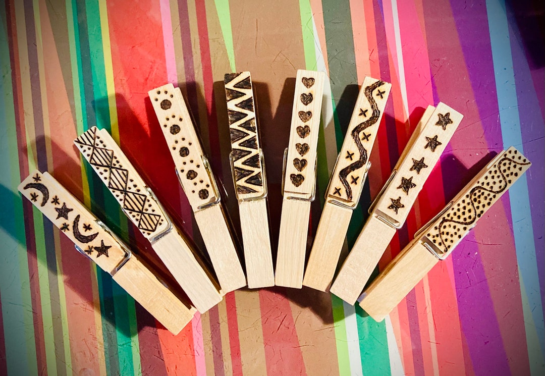 Decorative Wooden Clothes Pegs With Pyrography Designs, Set of 4 - Etsy UK