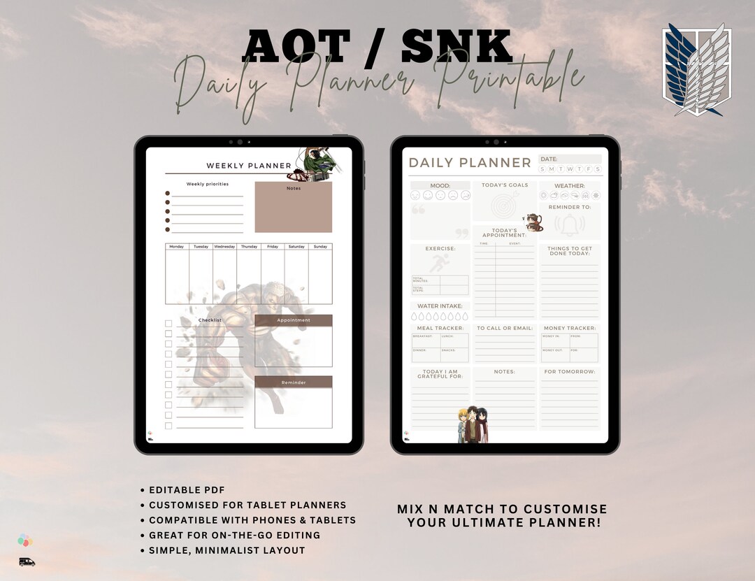 Undated Aot/ Snk Anime Minimalist Planner, Daily and Weekly Printable ...