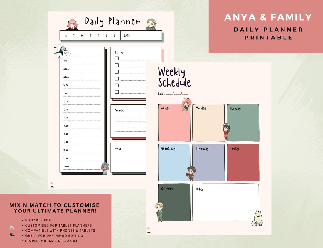 Undated Anime Minimalist Planner, Anime Daily and Weekly Printable, to ...
