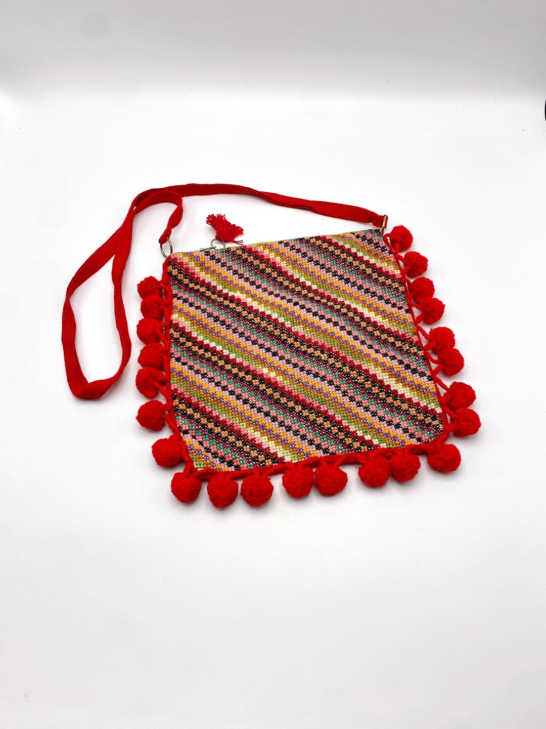 Vintage Multicolor Embroidered Pom Pom Purse With Shoulder Strap - Etsy