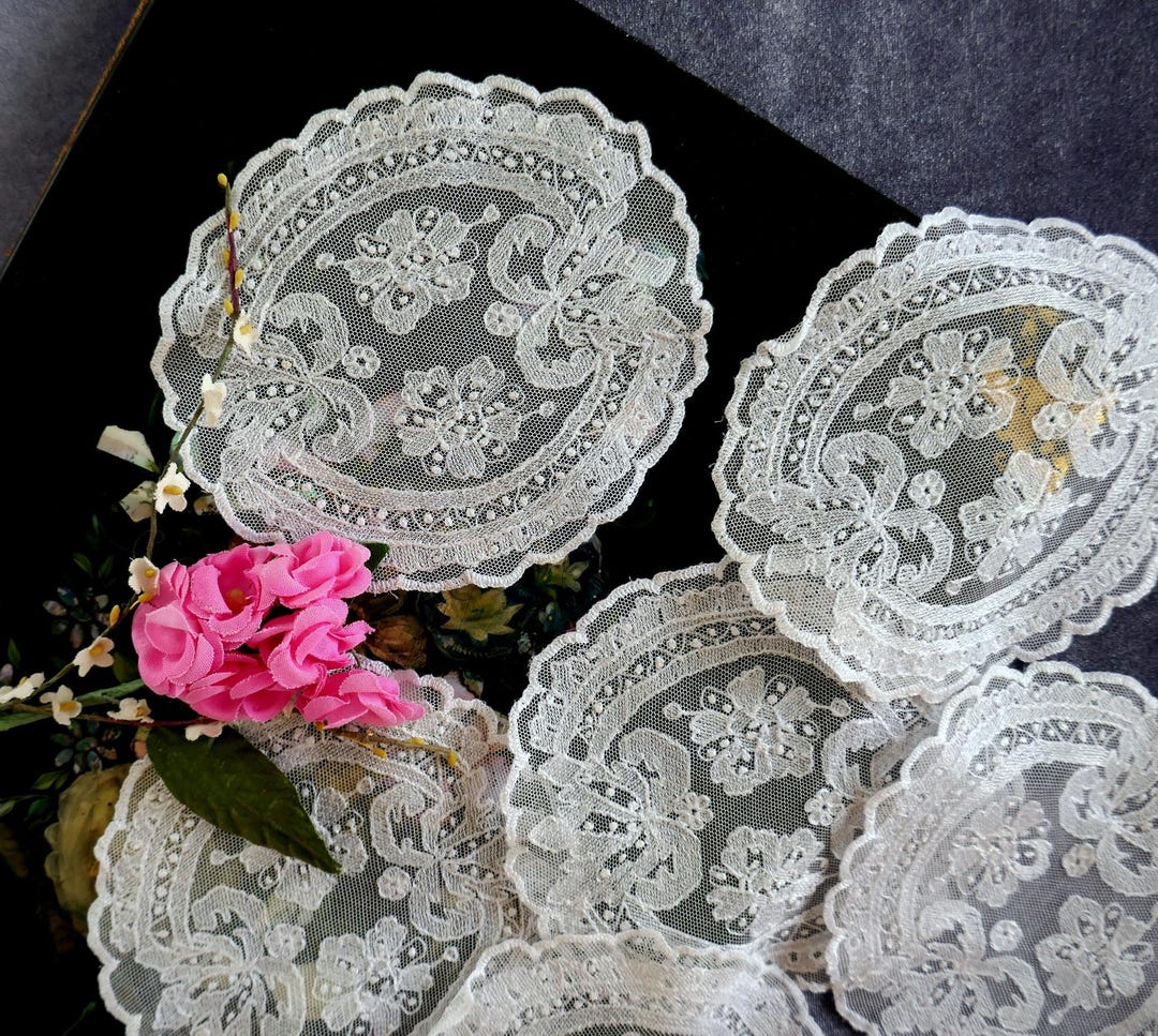 A Set of Six Antique White Limerick Lace Embroidered Tulle Lace ...
