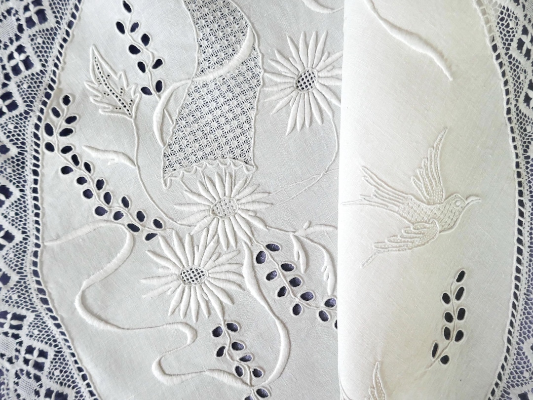 A Beautifully Hand Embroidered Antique Linen Table Centre or Small ...
