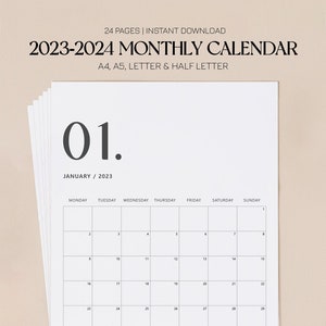 2023-2024 Monthly Calendar Printable Minimalist Vertical Desk Calendar ...