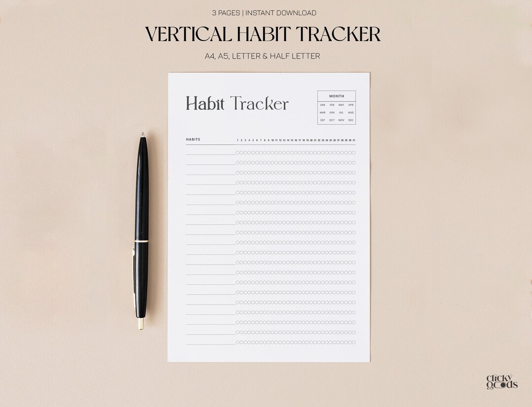 Vertical Monthly Habit Tracker Printable 3 Habit Tracker - Etsy Australia