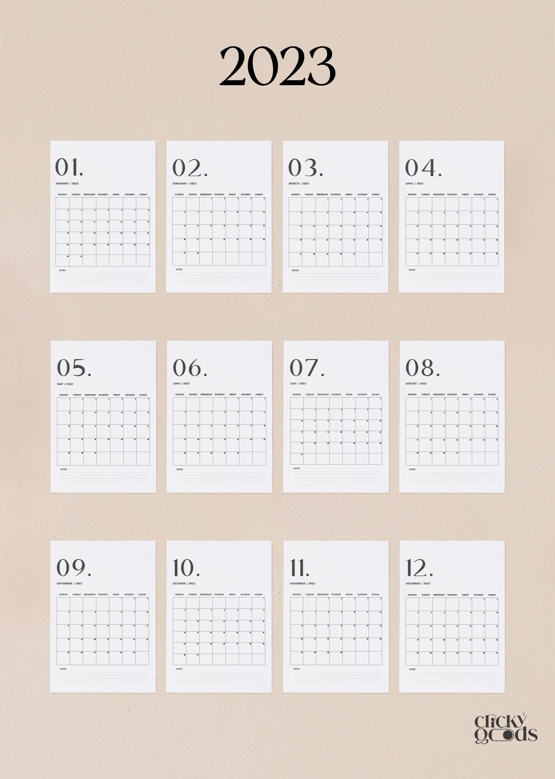 2023-2024 Monthly Calendar Printable Minimalist Vertical Desk Calendar ...