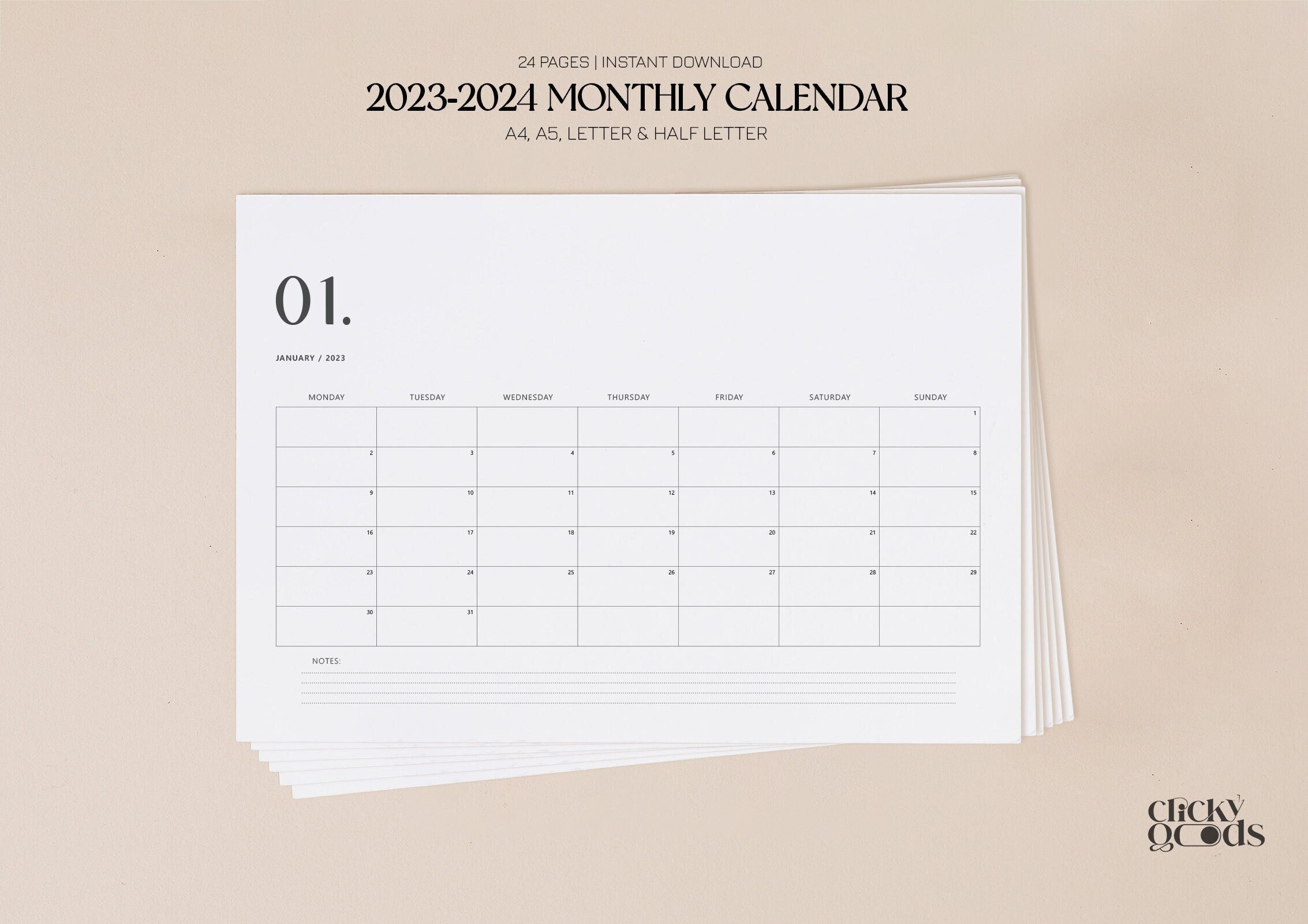 2023-2024 Monthly Calendar Printable Minimalist Horizontal Desk ...