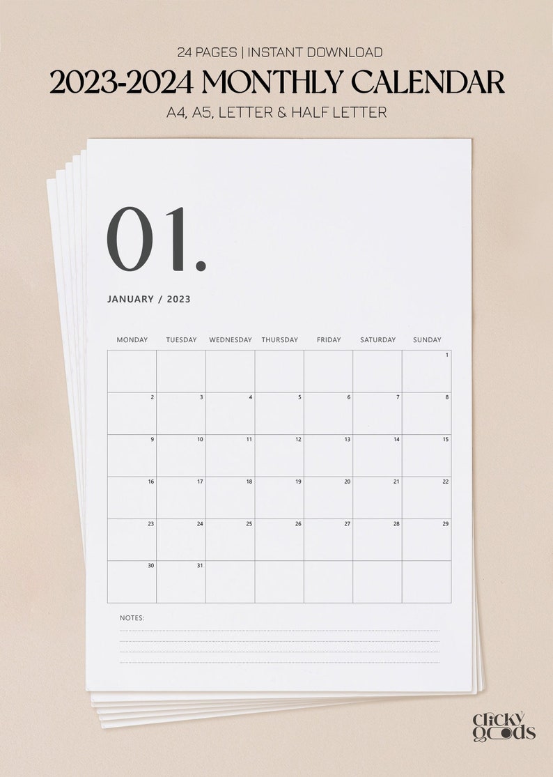 2023-2024 Monthly Calendar Printable Minimalist Vertical Desk Calendar ...